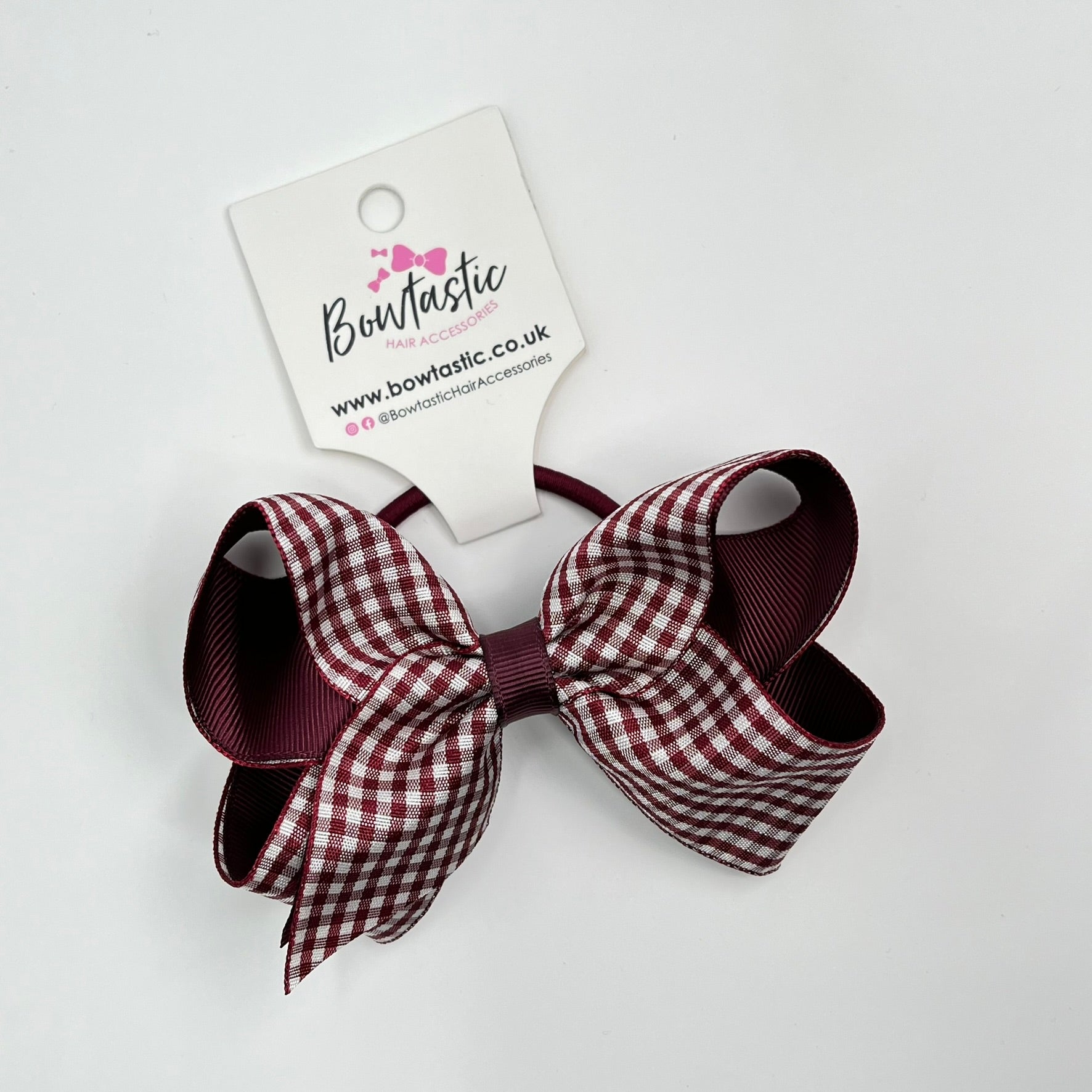 4 Inch Double Ribbon Bobble - Burgundy & Burgundy Gingham